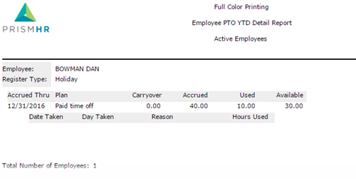 Employee PTO Detail Report