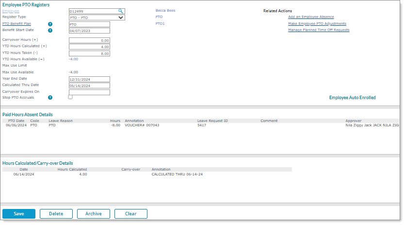 Performing an Employee PTO Register Inquiry