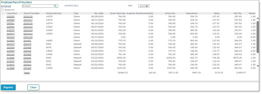 Listing and Reprinting Employee Payroll Vouchers