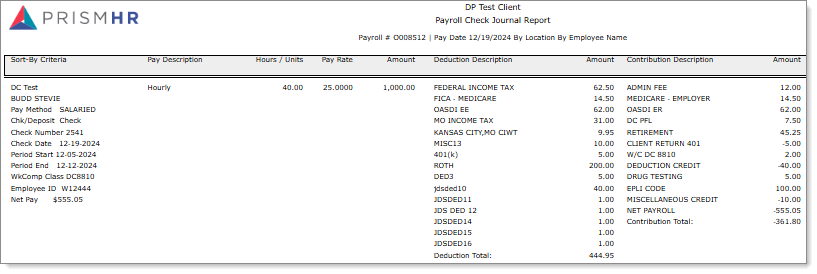 Payroll Check Journal Report